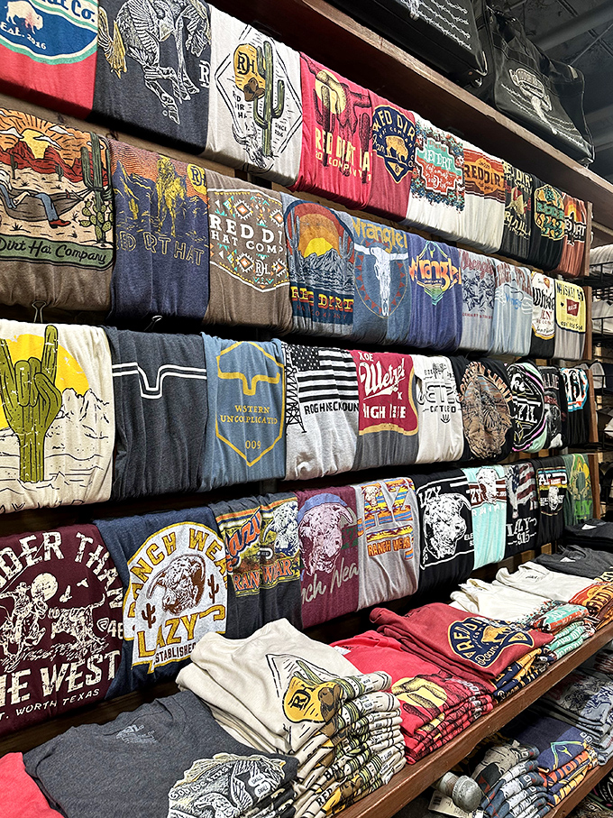 Western-themed t-shirts stacked with military precision&mdash;each one promising to transform you into the coolest person at the next backyard barbecue.