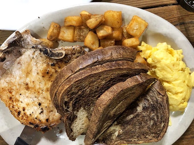 Breakfast of champions: protein, carbs, and enough calories to fuel a cattle drive. That marbled rye looks like it came from bread heaven.