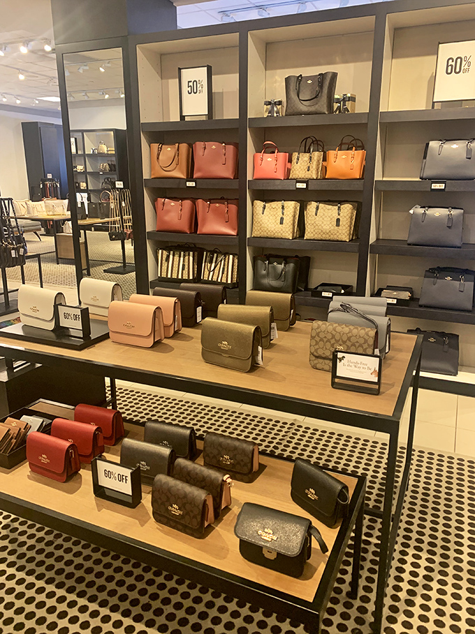 Coach handbag heaven arranged with museum-like precision. The 50% and 60% off signs are the real masterpieces in this gallery.