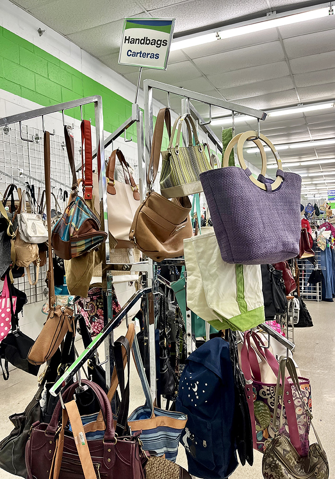 Handbag heaven! Designer lookalikes and genuine finds hang in colorful profusion, proving style doesn't have to come with a three-digit price tag.