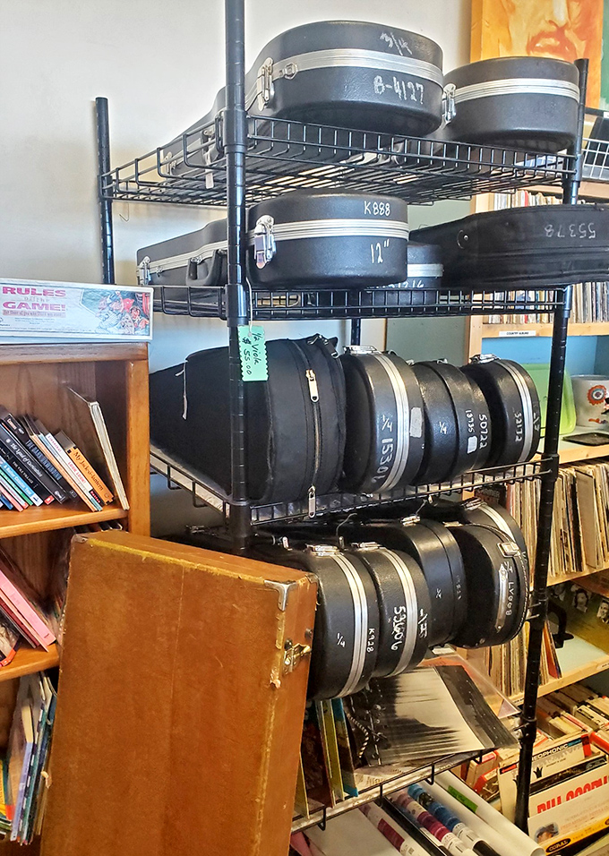 These instrument cases have protected musical dreams across Kansas. Each one has traveled to gigs unknown, carrying melodies now waiting to be rediscovered.