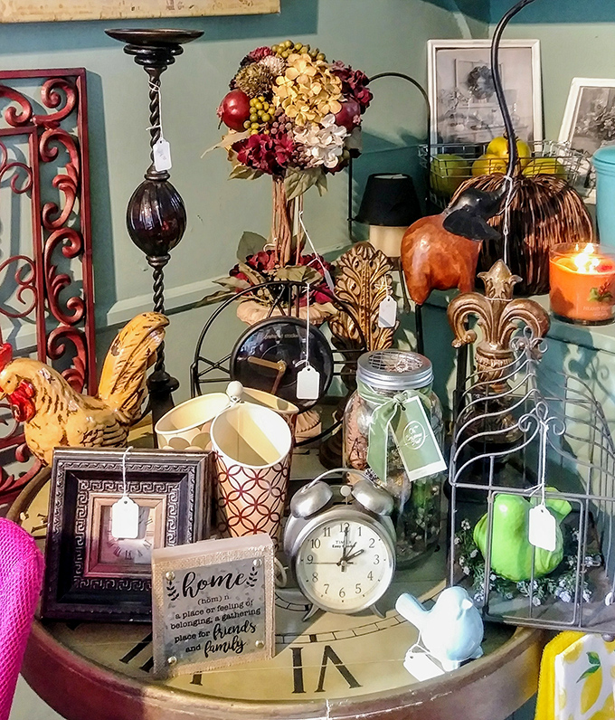 Home décor heaven where vintage alarm clocks, rustic signs, and ceramic roosters create the perfect "I've-been-collecting-for-years" aesthetic.