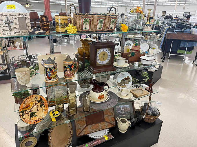 Curated chaos of home décor treasures. That wooden clock has ticked through decades of someone else's memories—ready to count your moments next.