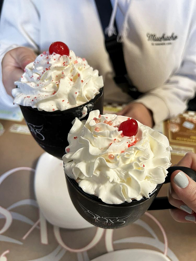 Hot chocolate that puts Swiss Miss into early retirement. These towering whipped cream mountains with cherry summits demand to be photographed.