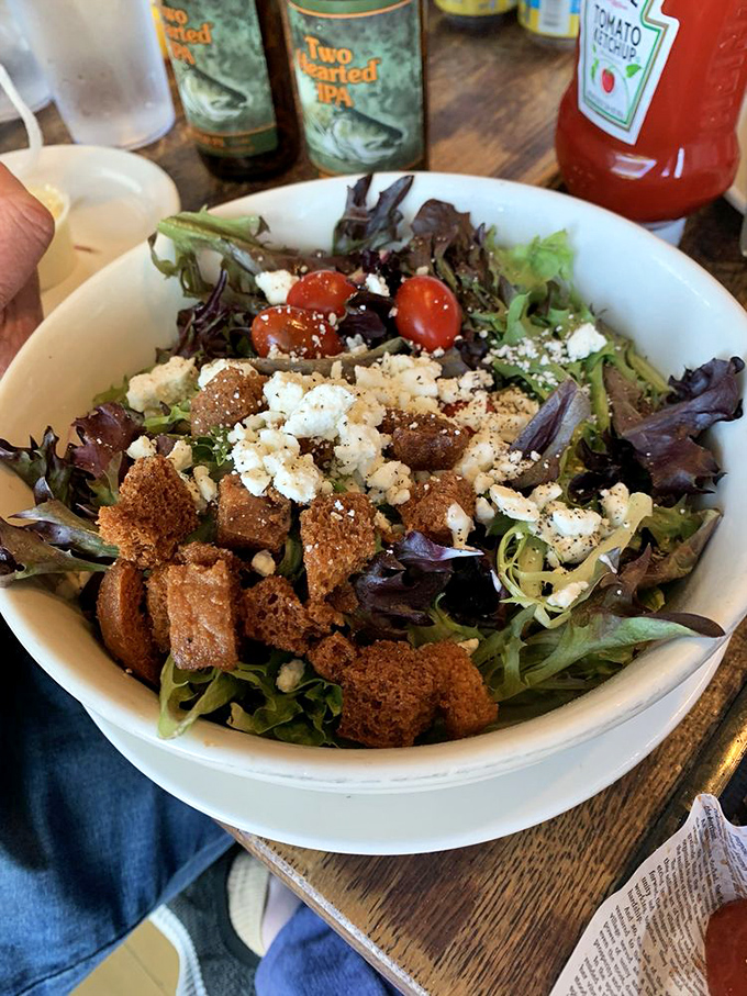 A salad that doesn't apologize for being healthy, with homemade croutons that crunch with such authority they deserve their own Instagram account.