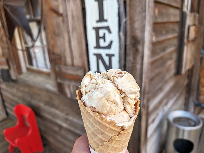 Ice cream in a waffle cone against rustic wooden walls &ndash; proof that happiness can indeed be held in one hand. Simple pleasures never tasted so good.