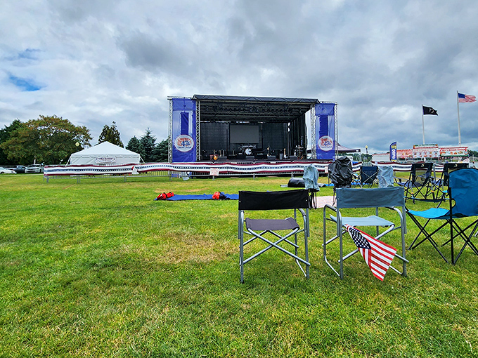 Independence Park's concert stage awaits its next performance, where patriotic bunting and lawn chairs signal Bristol's love affair with summer celebrations.
