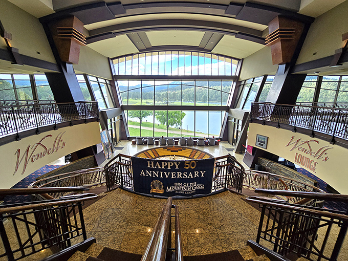 Grand staircases aren't just for cruise ships. The Inn of the Mountain Gods offers views that make you forget you're still in New Mexico.
