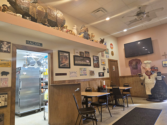 BBQ shrine alert: Pig collectibles line the shelves above while the "BACON" sign reminds you of life's true priorities.