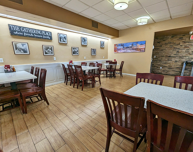 The Gathering Place where friends become family—the sign says it all. Simple elegance with mountain views framed on the walls.