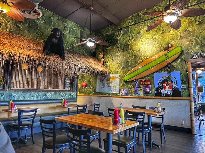 Surfboards and palm fronds create a Gilligan's Island vibe where the only thing being rescued is your appetite.