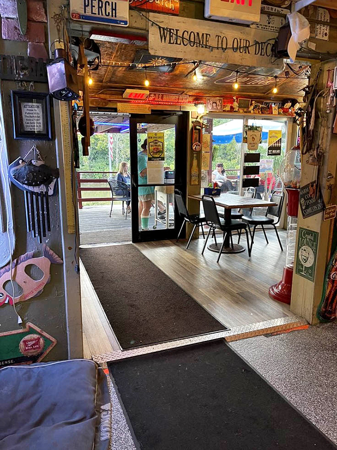 The doorway to outdoor bliss&mdash;where "Welcome to Our Deck" isn't just a sign, it's an invitation to dine with a view of nature's finest.