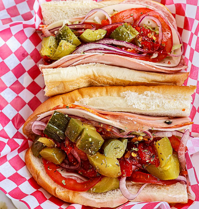 An Italian sub that could make a Bostonian homesick, loaded with meats, veggies, and enough personality to star in its own mob movie.