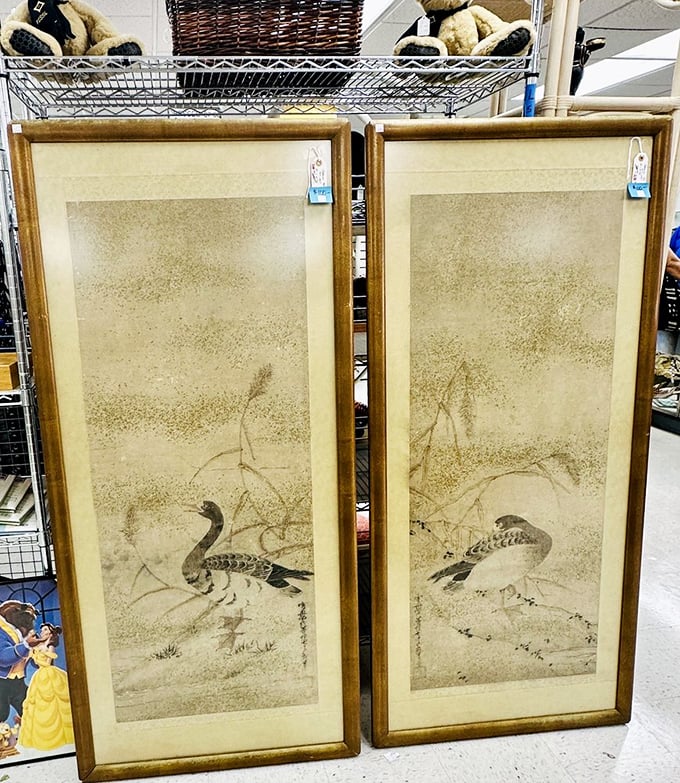 Paired Japanese scroll paintings that belong together. Like an elderly couple who've weathered decades side by side, these birds refuse to be separated.