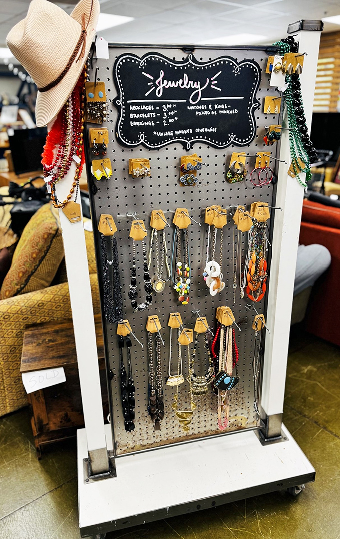The jewelry display transforms forgotten accessories into treasure-hunt finds. That perfect statement necklace costs less than your morning latte. 