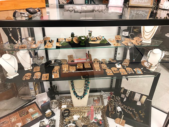 Jewelry cases where time stands still. Brooches your grandmother might have worn sit alongside cocktail rings that would make Liz Taylor nod in approval.