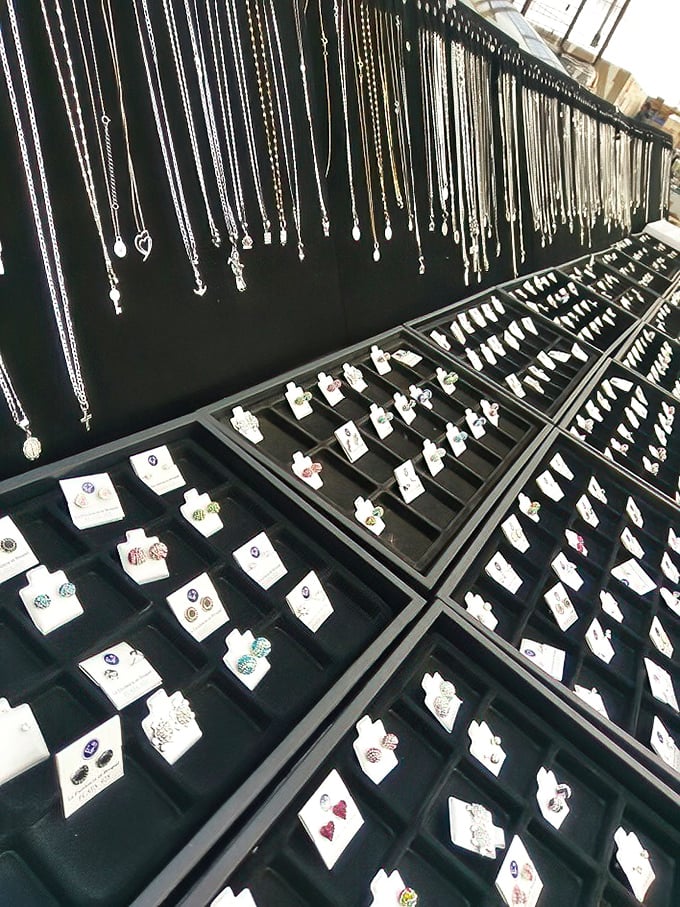 Silver stories hanging in patient rows&mdash;each necklace and earring waiting for the right person to continue its journey.