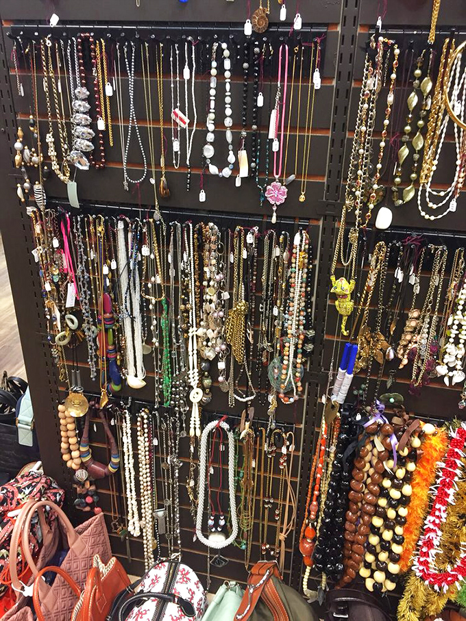 Jewelry displayed like buried treasure, from costume pieces to designer finds. That necklace might have attended a gala before finding you.