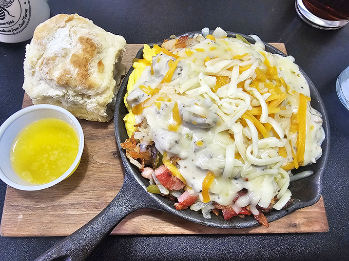 This skillet doesn't just contain breakfast &ndash; it's hosting a delicious convention where eggs, cheese and vegetables have all found common ground.
