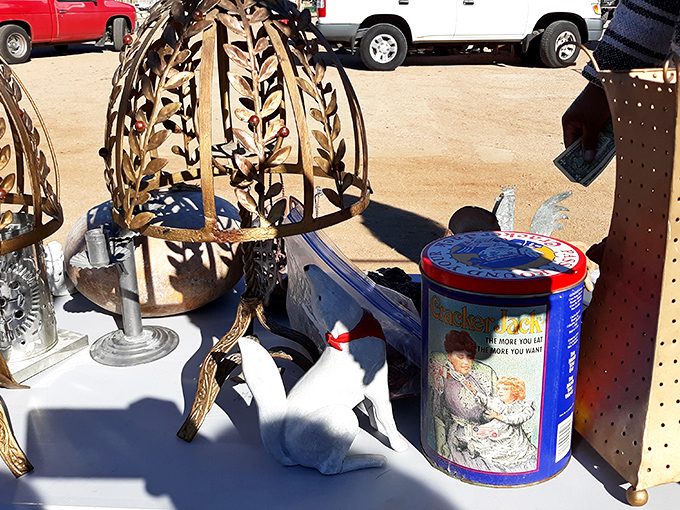 This vintage lantern and decorative cage aren't just antiques—they're time machines to grandma's house, complete with that nostalgic tin cookie container.