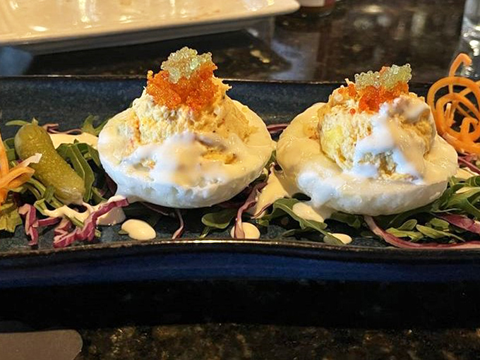 Deviled eggs elevated to art form with caviar on top&mdash;grandma's picnic favorite just got a serious promotion.