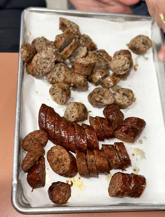 Louisiana hot links and bratwursts share the spotlight—smoky, juicy, and packed with enough flavor to start a jazz solo of their own.