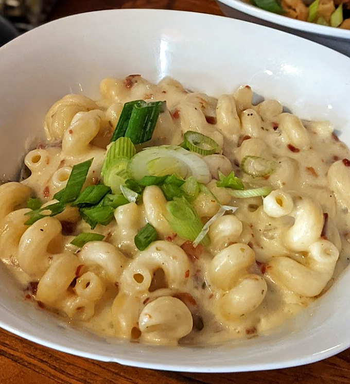Mac and cheese elevated from childhood memory to grown-up indulgence, with green onions adding a fresh counterpoint to creamy comfort.
