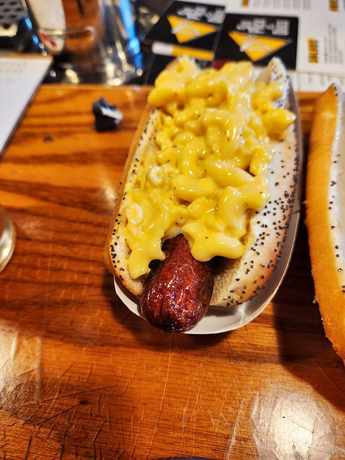 Mac and cheese found its soulmate in this hot dog. It's comfort food having a love affair with more comfort food.