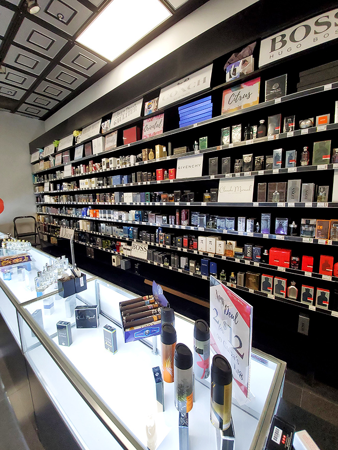 The fragrance section resembles a perfumer's library &ndash; rows of designer scents that normally require a special occasion to justify now tempt shoppers with everyday accessibility.