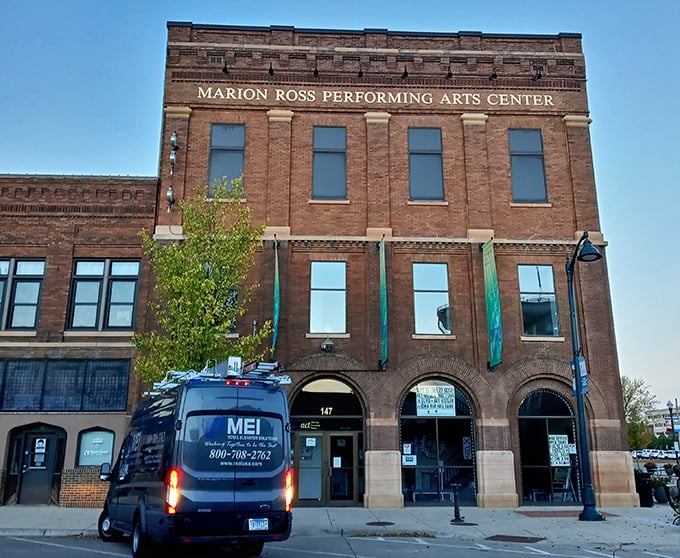The Marion Ross Performing Arts Center stands as a brick testament to small-town culture, bringing Broadway energy to Broadway Avenue.
