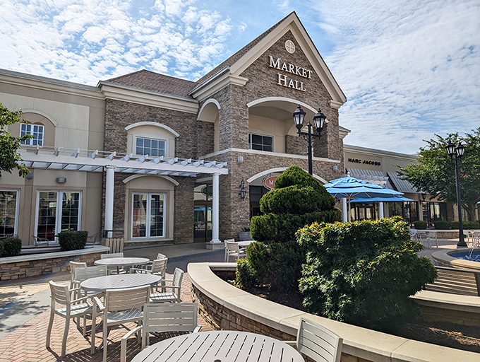 Market Hall's stone facade and outdoor seating create that "I'm-not-in-a-mall" feeling while you're definitely still in a mall.