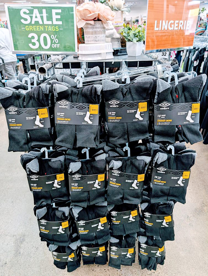 Brand new socks at thrift store prices—proof that "gently used" isn't the only treasure hiding between these aisles of possibility.