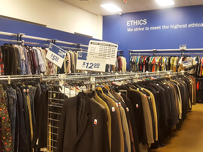 The men's department: where business suits hang patiently, dreaming of second chances at job interviews or perhaps more exciting adventures than their first lives.