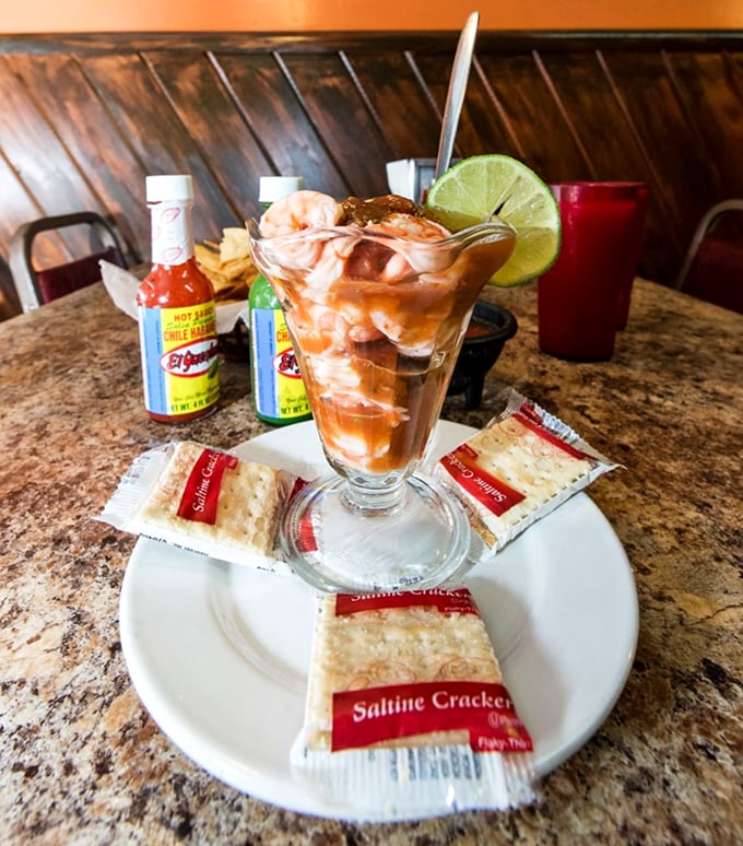 This Mexican shrimp cocktail is like a seafood fiesta in a glass. Those plump shrimp swimming in tangy sauce make salad crackers feel suddenly sophisticated.