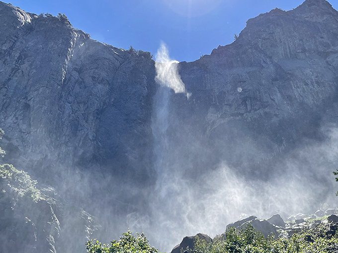 The misty mystery: When spring runoff peaks, Bridalveil becomes a thundering force, creating clouds of mist that can drench the unwary visitor.