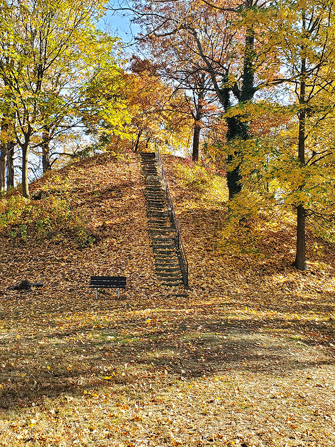 Fall transforms Mound Cemetery into a golden cathedral of leaves, where ancient earthworks and Revolutionary War heroes rest in dignified splendor.
