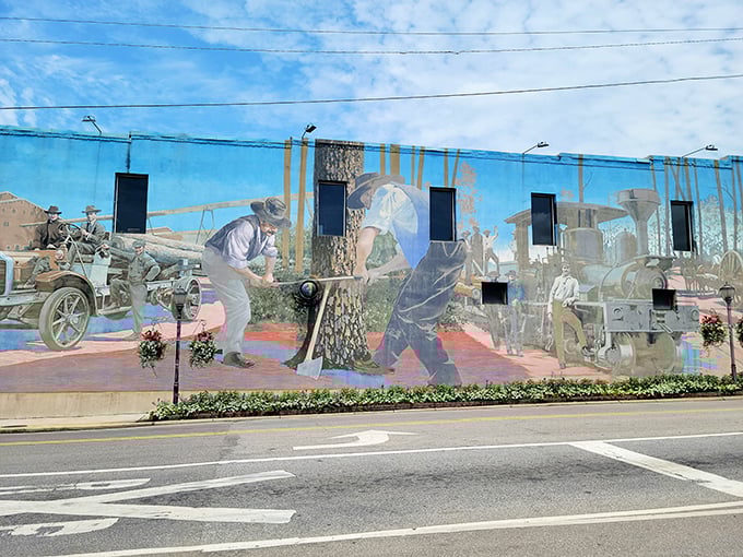 This vibrant mural celebrates Brewton's timber heritage, painting history in colors as rich as the town's community spirit.
