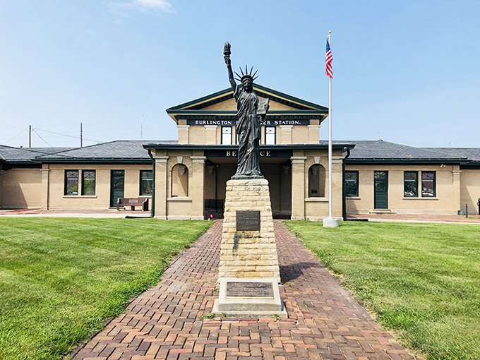The Burlington Station's mini Statue of Liberty stands as a charming reminder that freedom and opportunity came west on railroad tracks.