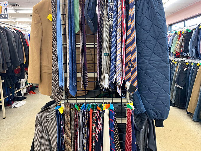 The necktie forest—where corporate America's past hangs in suspended animation. Silk patterns tell tales of boardroom meetings long forgotten.