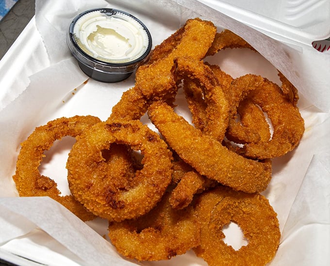 Onion rings with the structural integrity of Olympic medals but infinitely more delicious. The dipping sauce isn't necessary, but why deny yourself?