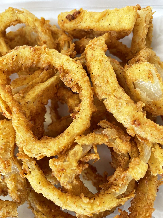 Onion rings with that golden-ratio batter-to-onion relationship. Crispy, not greasy &ndash; the kind that make you wonder why you ever order fries.