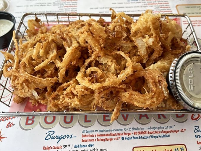 Onion strings so delicate and crispy they make onion rings look like they're trying too hard. The perfect burger topping or guilty standalone pleasure.