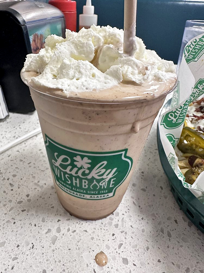 Behold the milkshake that requires both a straw and a spoon! Lucky Wishbone's chocolate creation comes topped with enough whipped cream to make a dairy farmer blush.