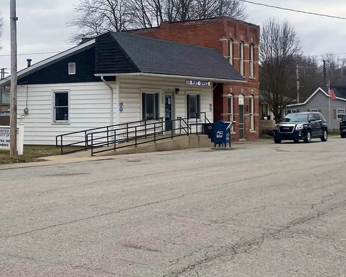 This modest post office serves as both mail center and informal community bulletin board—the original social network, no password required.
