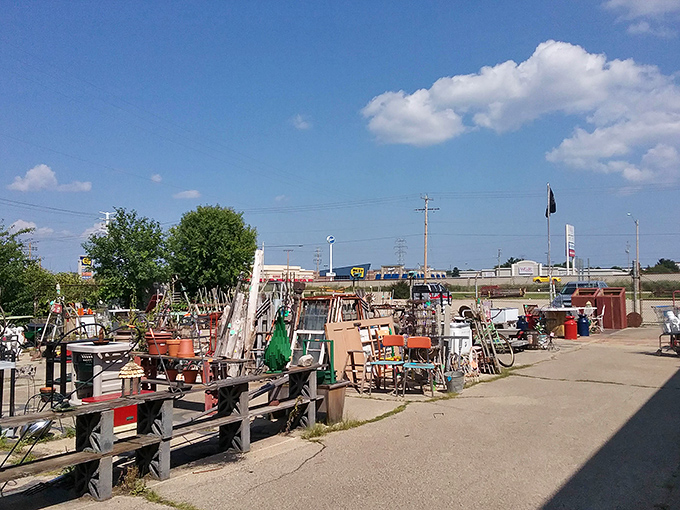 The outdoor overflow area &ndash; where garden treasures and architectural salvage bask in Wisconsin sunshine, waiting for their forever homes.