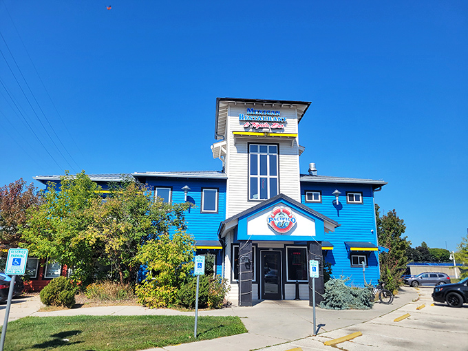 The bright blue exterior of Pacifico Mexican Bar & Grill promises a fiesta for your taste buds, standing out like a mariachi band at a library.