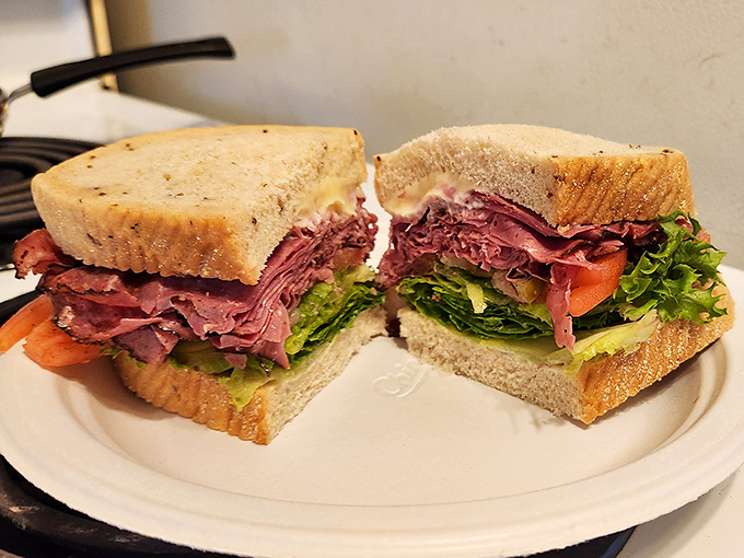 The pastrami sandwich that would make New York delis nervous. Fresh vegetables add color to this monochromatic masterpiece.