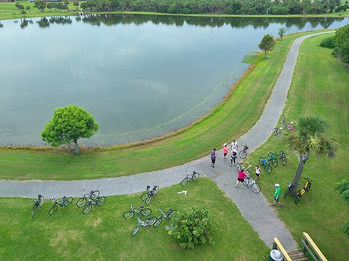 Paved trails around serene lakes draw cycling enthusiasts and walkers alike&mdash;retirement fitness programs with panoramic views instead of gym walls.