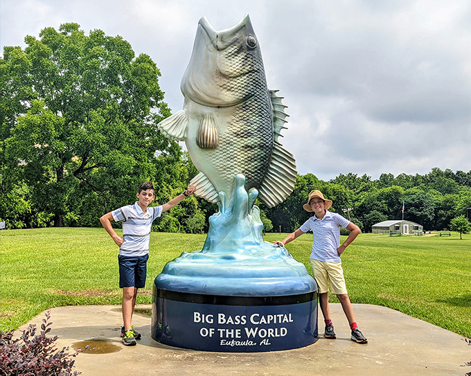 "Big Bass Capital of the World" isn't just a catchy slogan—it's Eufaula's promise, immortalized in this gloriously oversized fish sculpture.