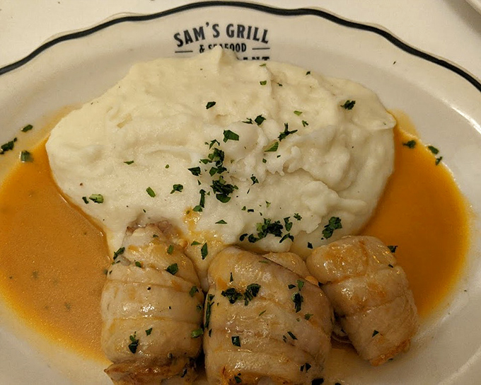Petrale sole swimming in butter sauce with a cloud of mashed potatoes—comfort food that's dressed for a night at the symphony.